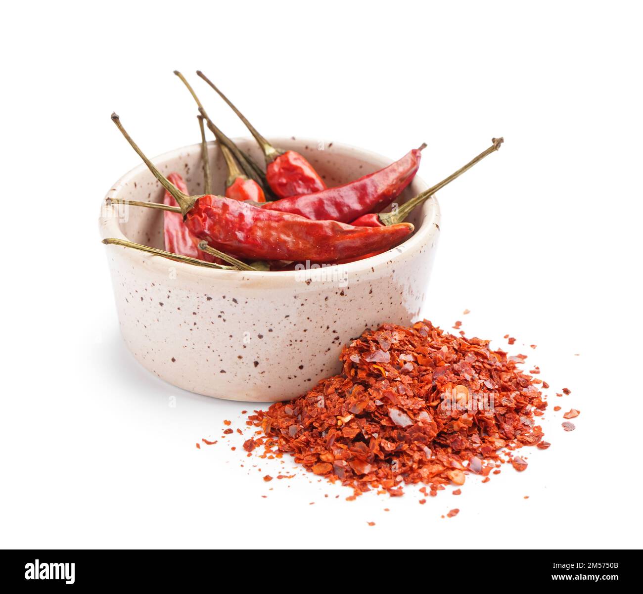 Bowl of chipotle jalapeno peppers and flakes on white background Stock ...