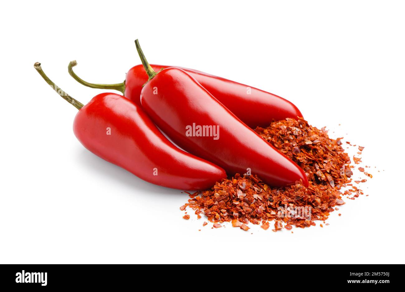 Fresh jalapeno peppers and chipotle chili flakes on white background ...