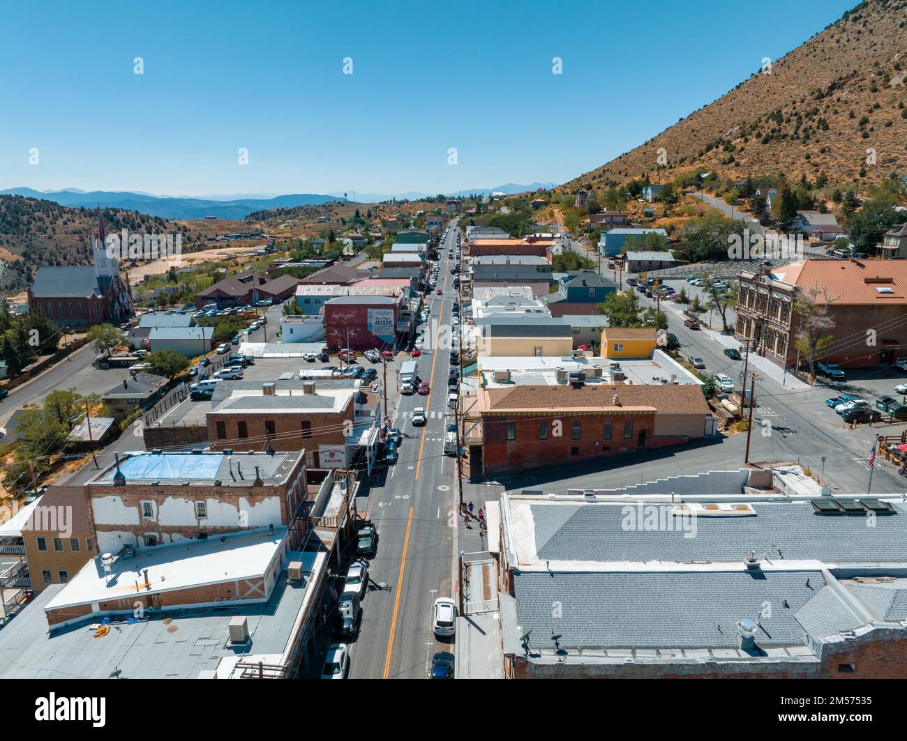 Aerial scenic view of Victorian building on historic Main C street in ...