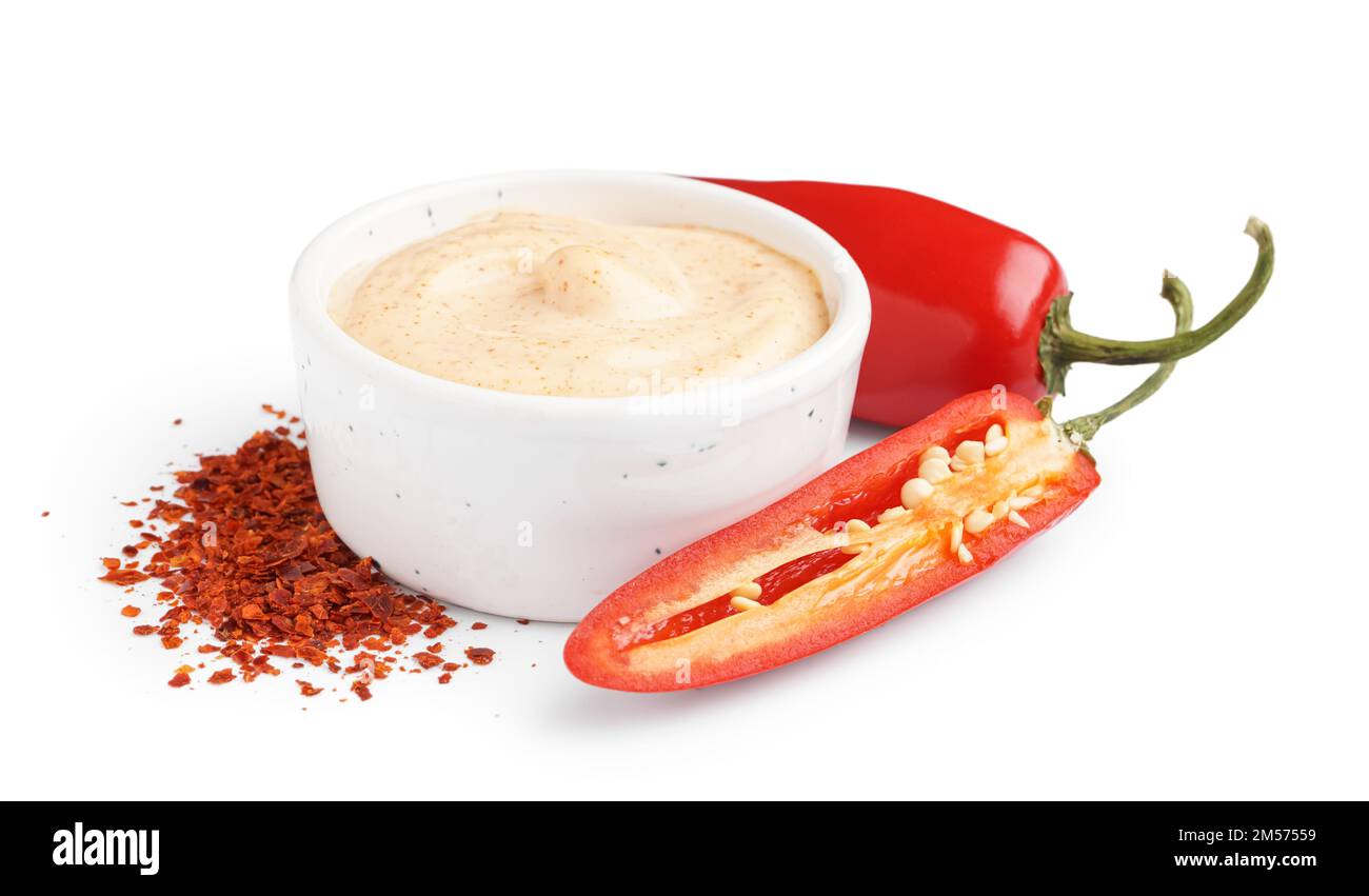 Bowl of tasty chipotle sauce on white background Stock Photo - Alamy