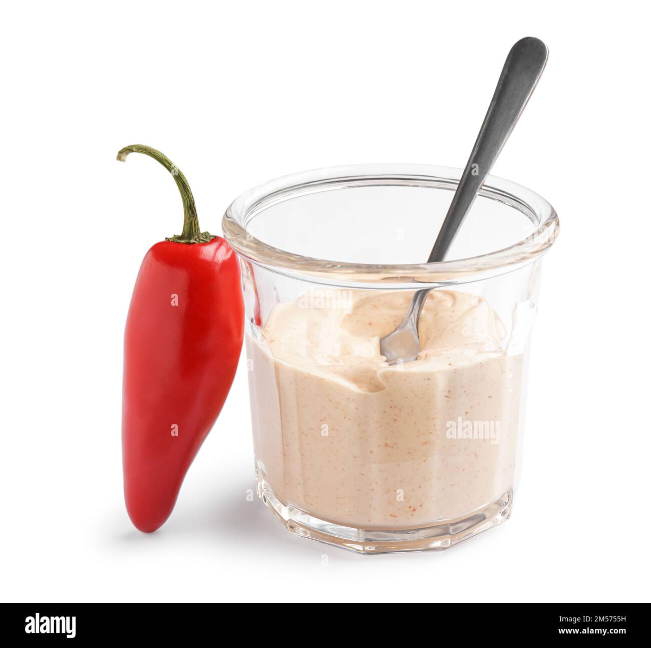 Glass of tasty chipotle sauce isolated on white background Stock Photo ...