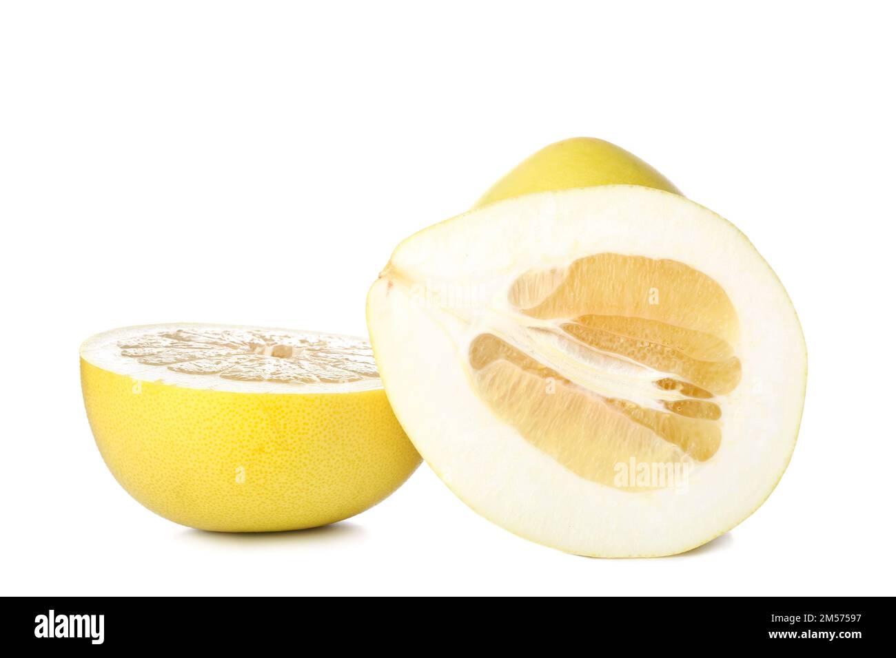 Whole and cut sweet ripe pomelo fruits on white background Stock Photo ...