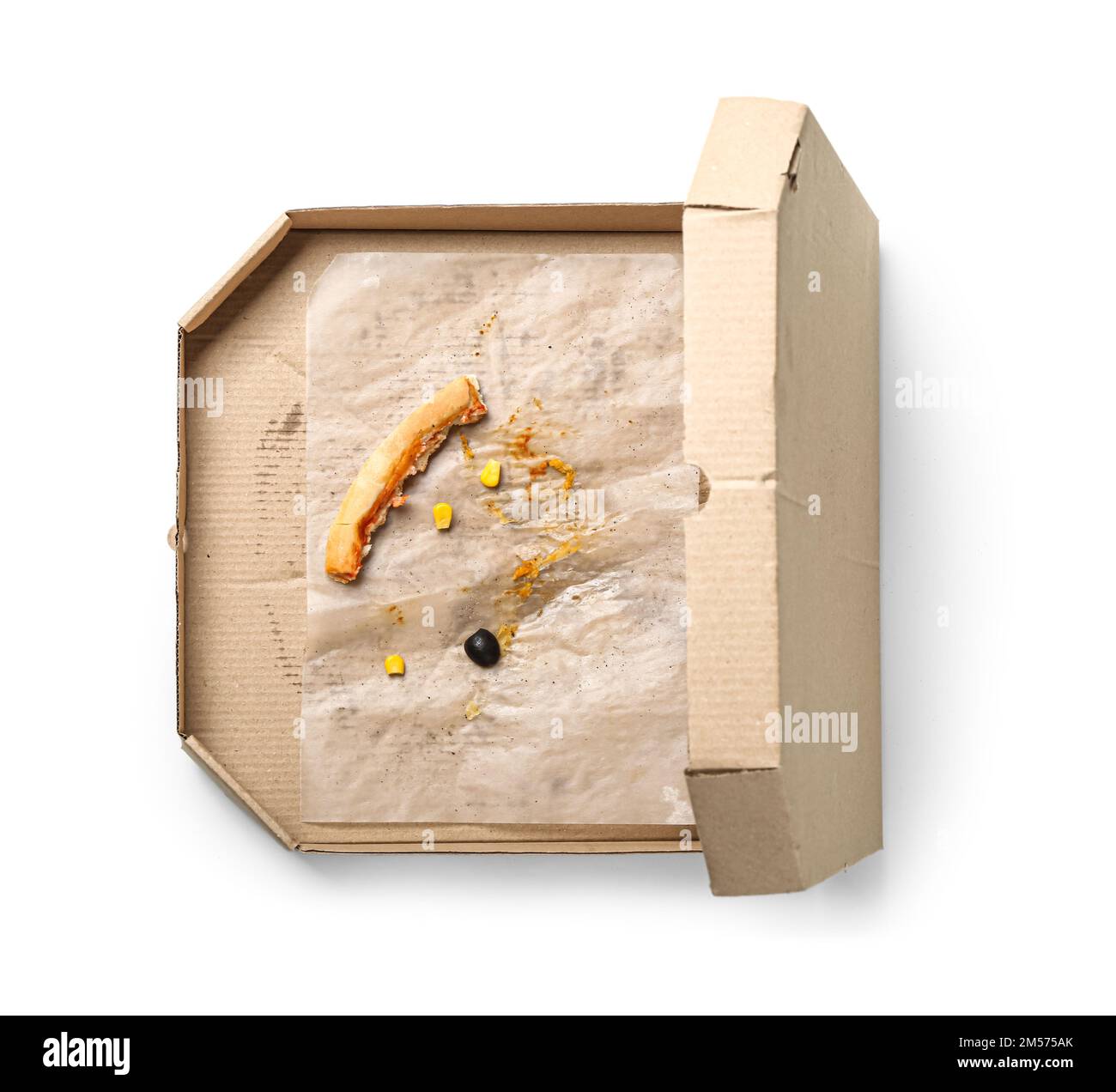 Cardboard box with pizza leftovers on white background Stock Photo - Alamy