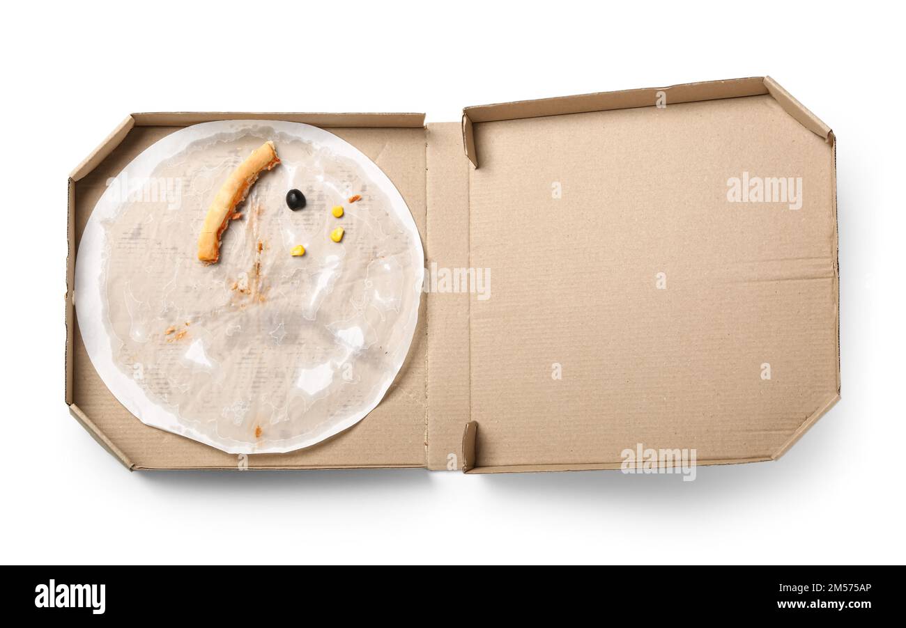 Cardboard box with pizza leftovers on white background Stock Photo - Alamy