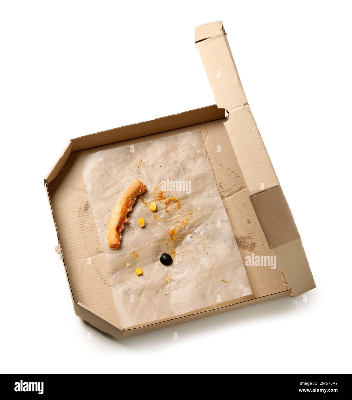 Cardboard box with pizza leftovers on white background Stock Photo - Alamy