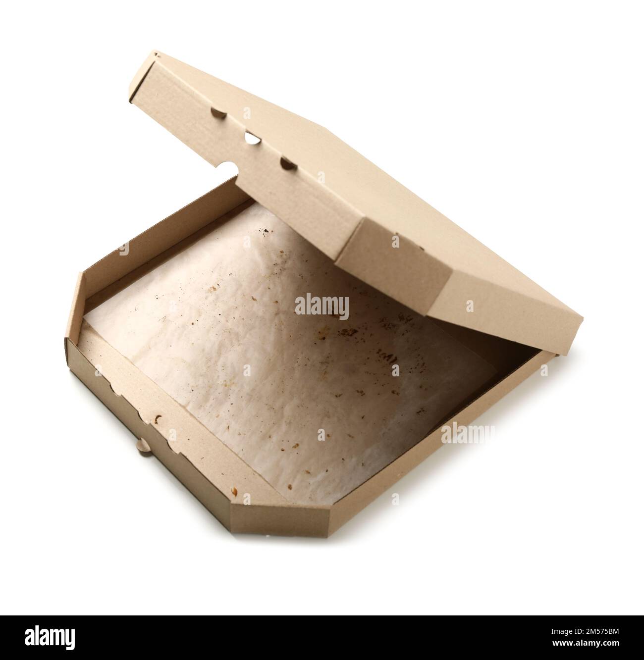 Empty greasy pizza box on white background Stock Photo - Alamy
