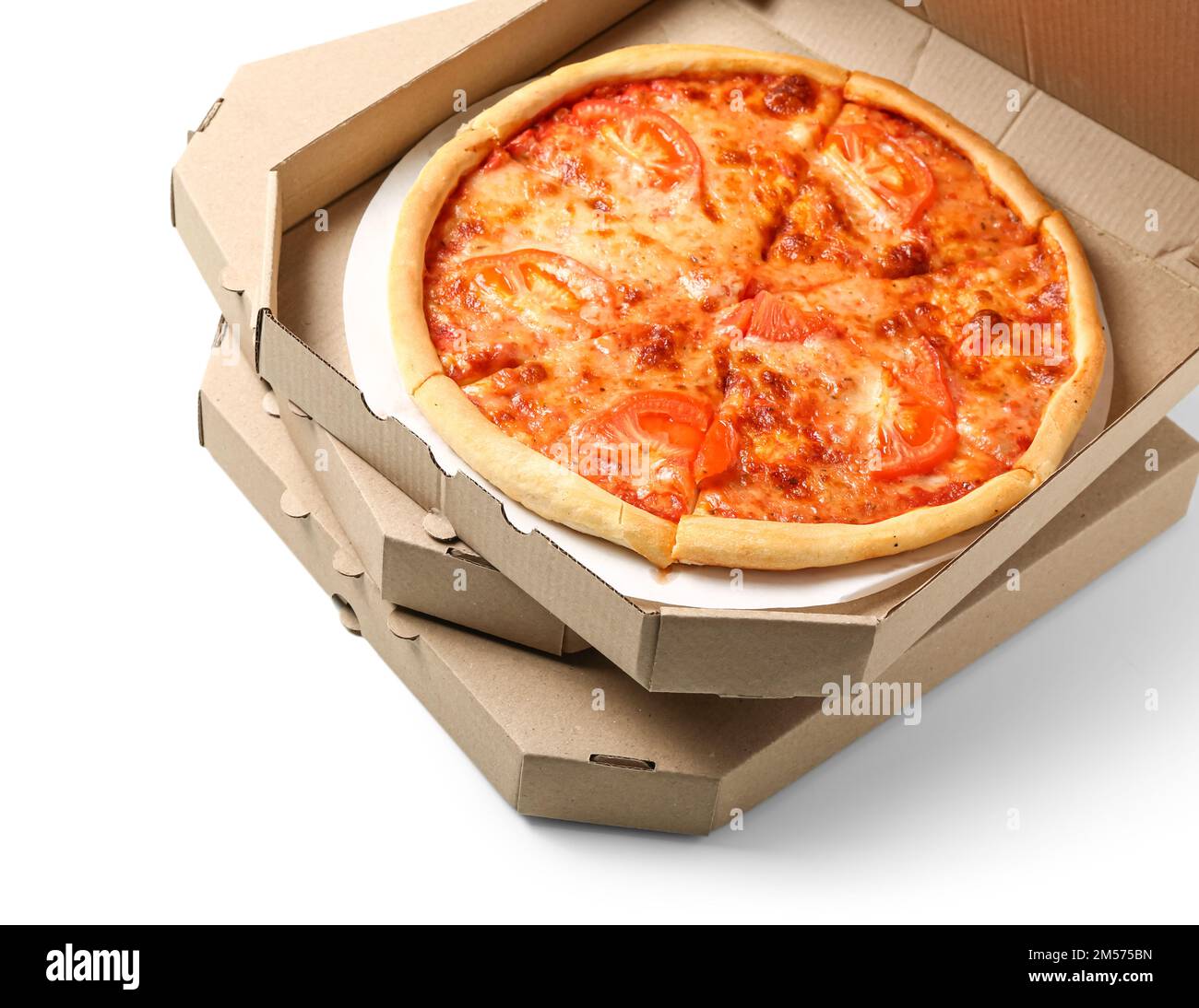 Stack of cardboard boxes with tasty pizza on white background Stock ...