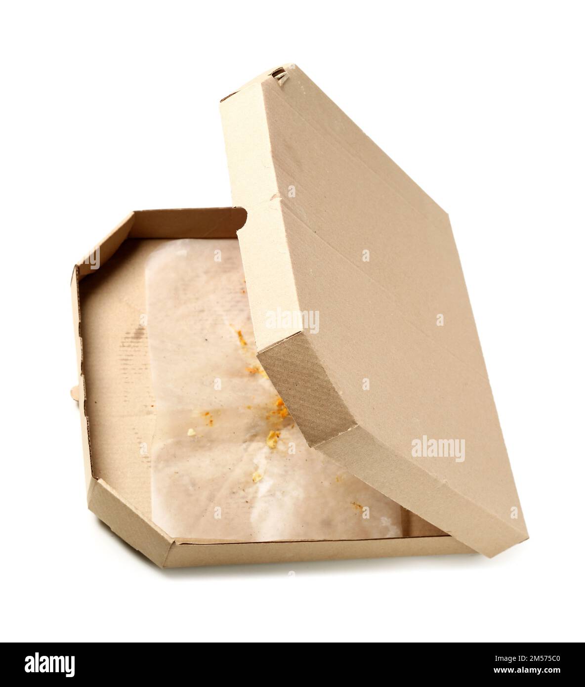 Empty greasy pizza box isolated on white background Stock Photo - Alamy
