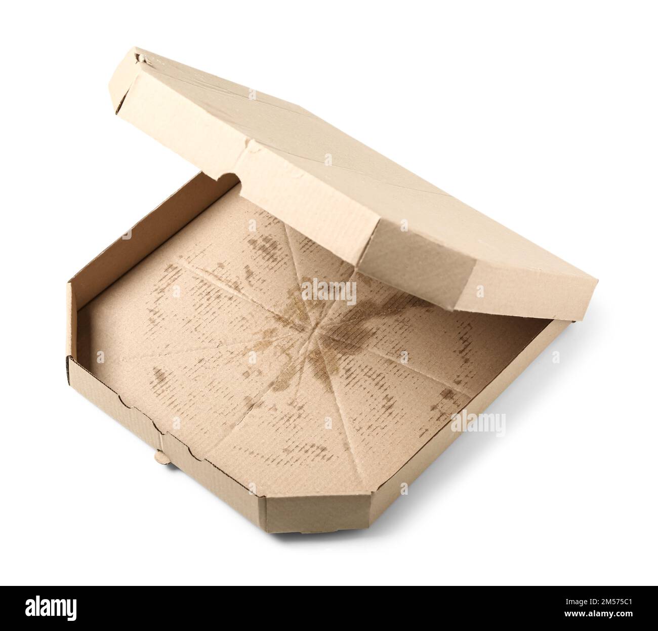 Empty greasy pizza box isolated on white background Stock Photo - Alamy