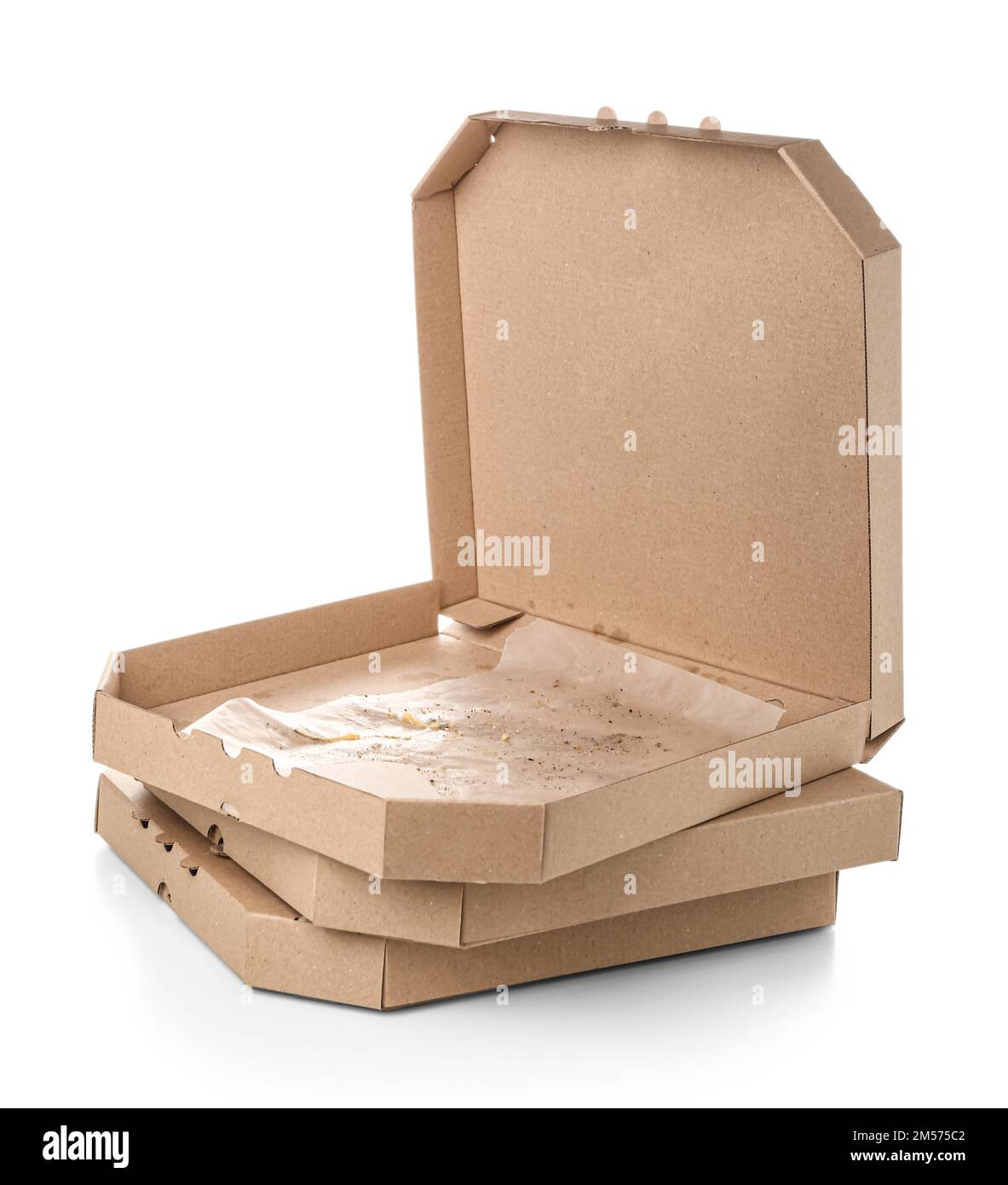 Stack of cardboard greasy pizza boxes on white background Stock Photo ...