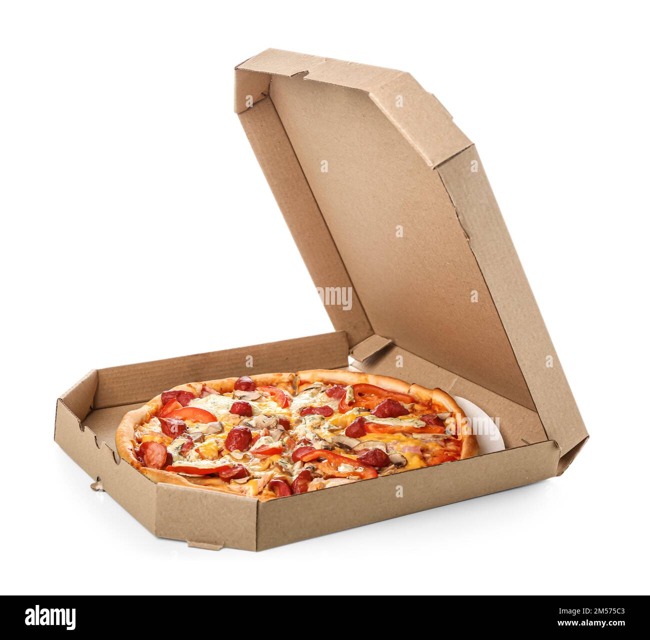 Cardboard box with pizza isolated on white background Stock Photo - Alamy