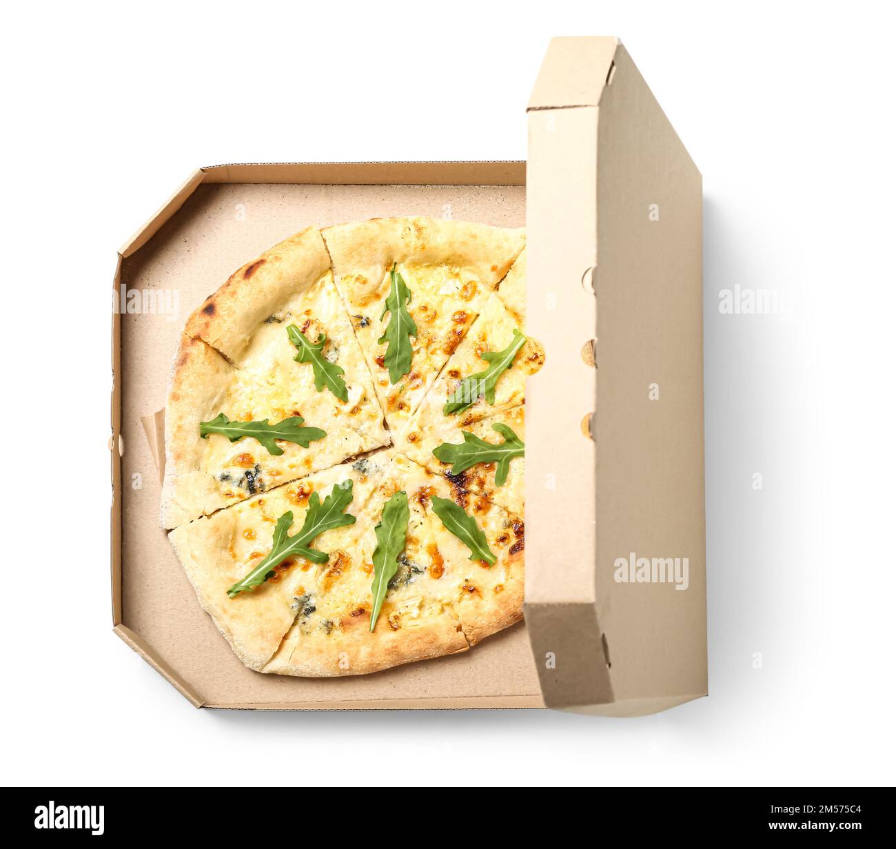 Cardboard box with tasty cheese pizza isolated on white background ...