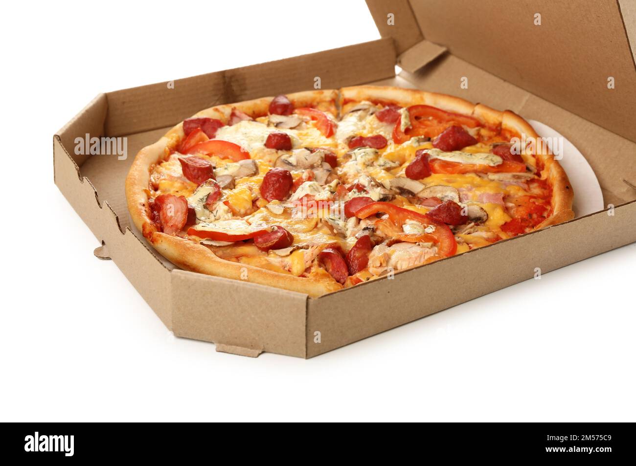 Cardboard box with pizza isolated on white background Stock Photo - Alamy