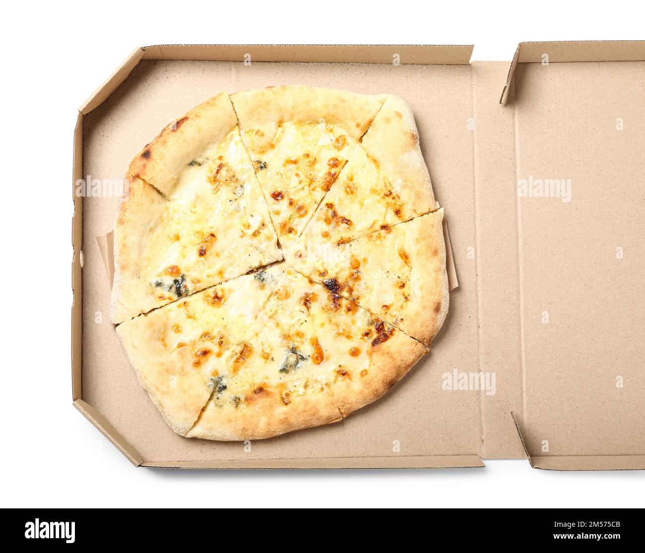 Cardboard box with tasty cheese pizza on white background Stock Photo ...