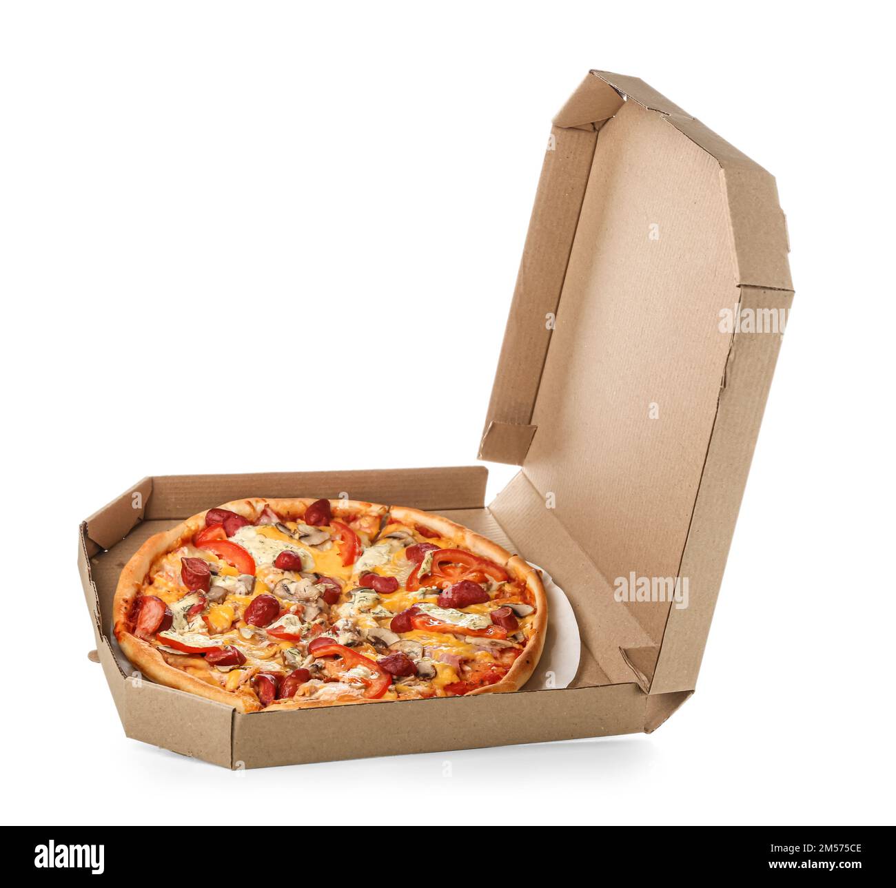 Cardboard box with pizza on white background Stock Photo - Alamy