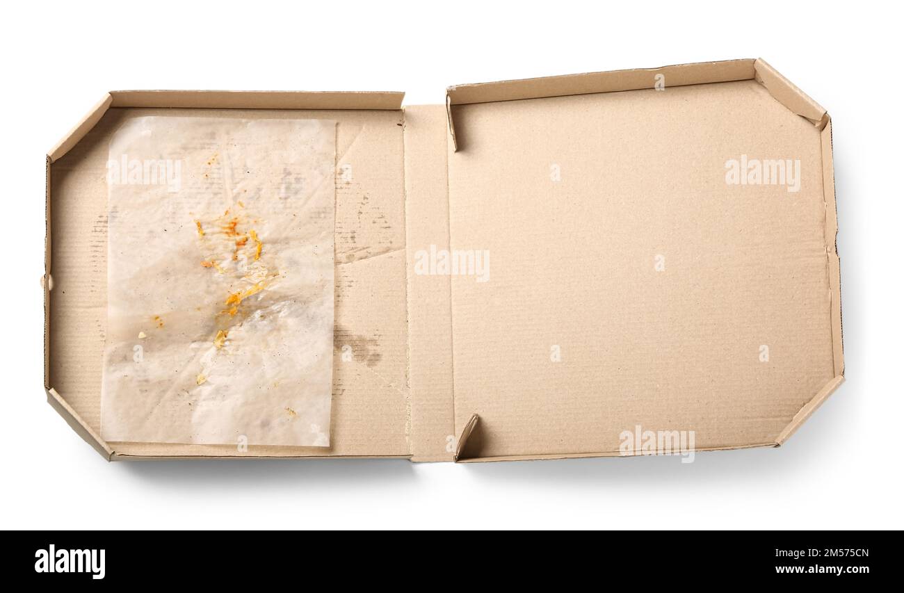 Empty greasy pizza box isolated on white background Stock Photo - Alamy
