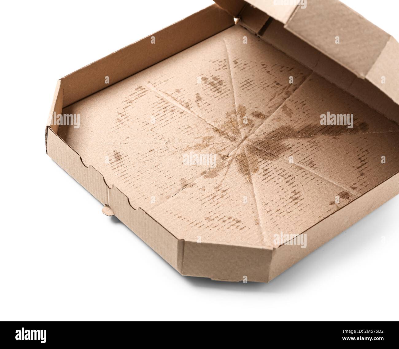 Empty greasy pizza box isolated on white background, closeup Stock ...