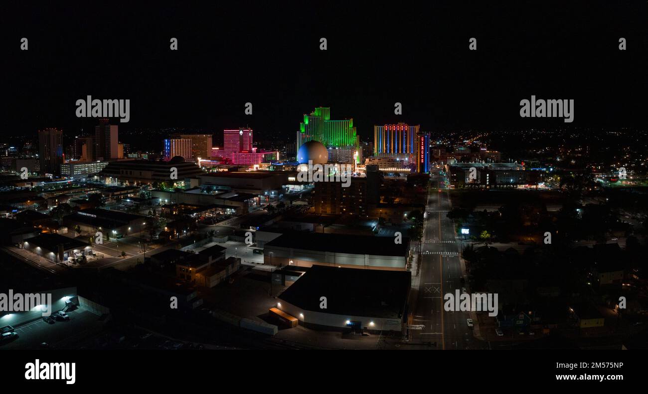 Aerial view of the skyline of Reno Nevada USA at night Stock Photo - Alamy