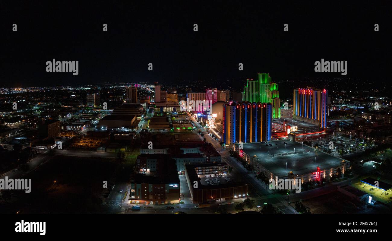 Aerial view of the skyline of Reno Nevada USA at night Stock Photo - Alamy