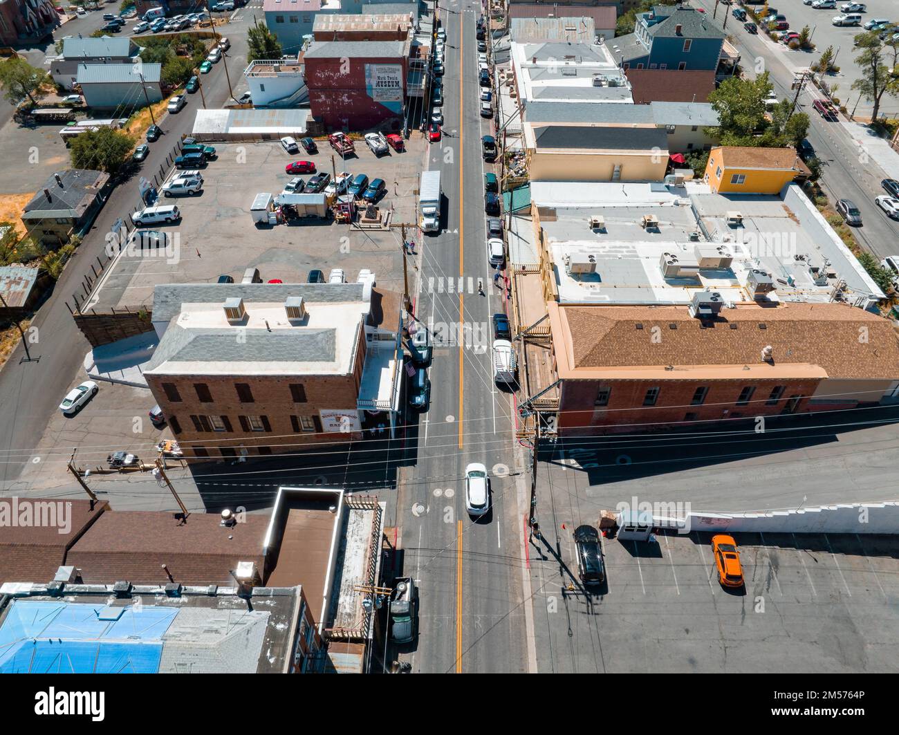 Aerial scenic view of Victorian building on historic Main C street in ...