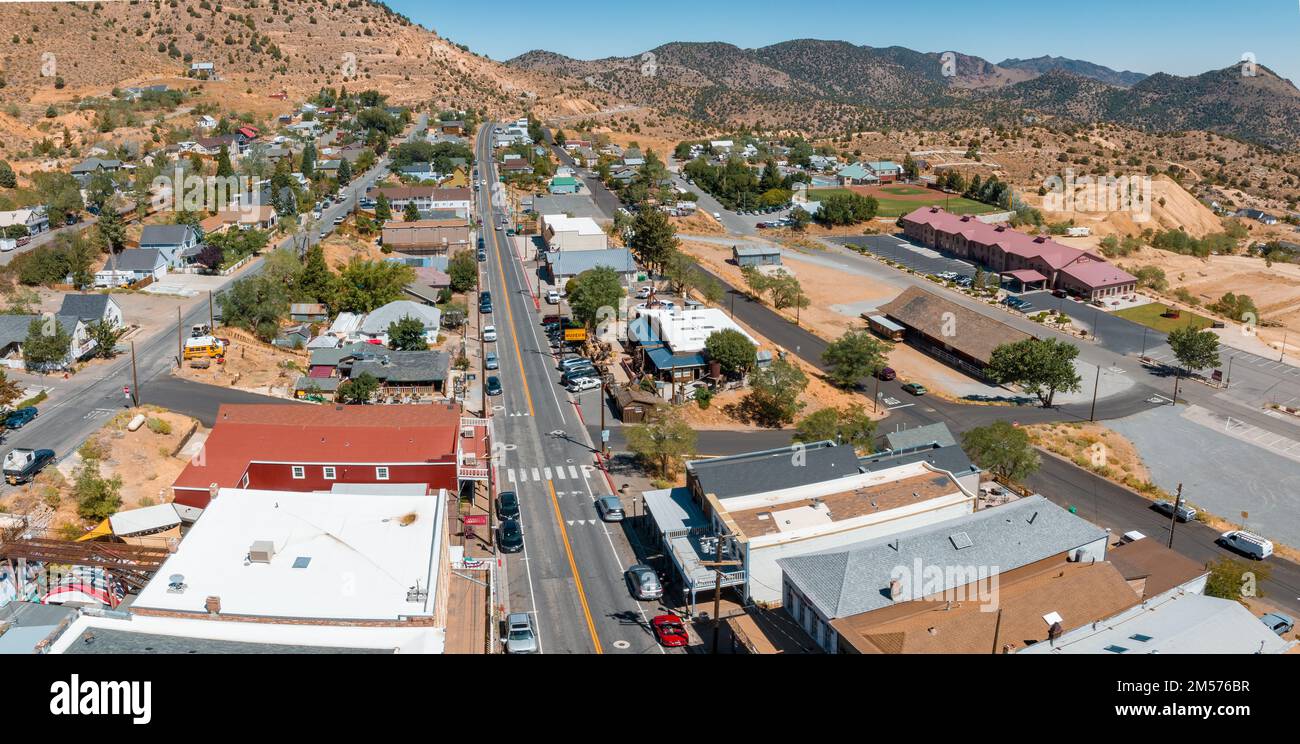 Aerial scenic view of Victorian building on historic Main C street in ...
