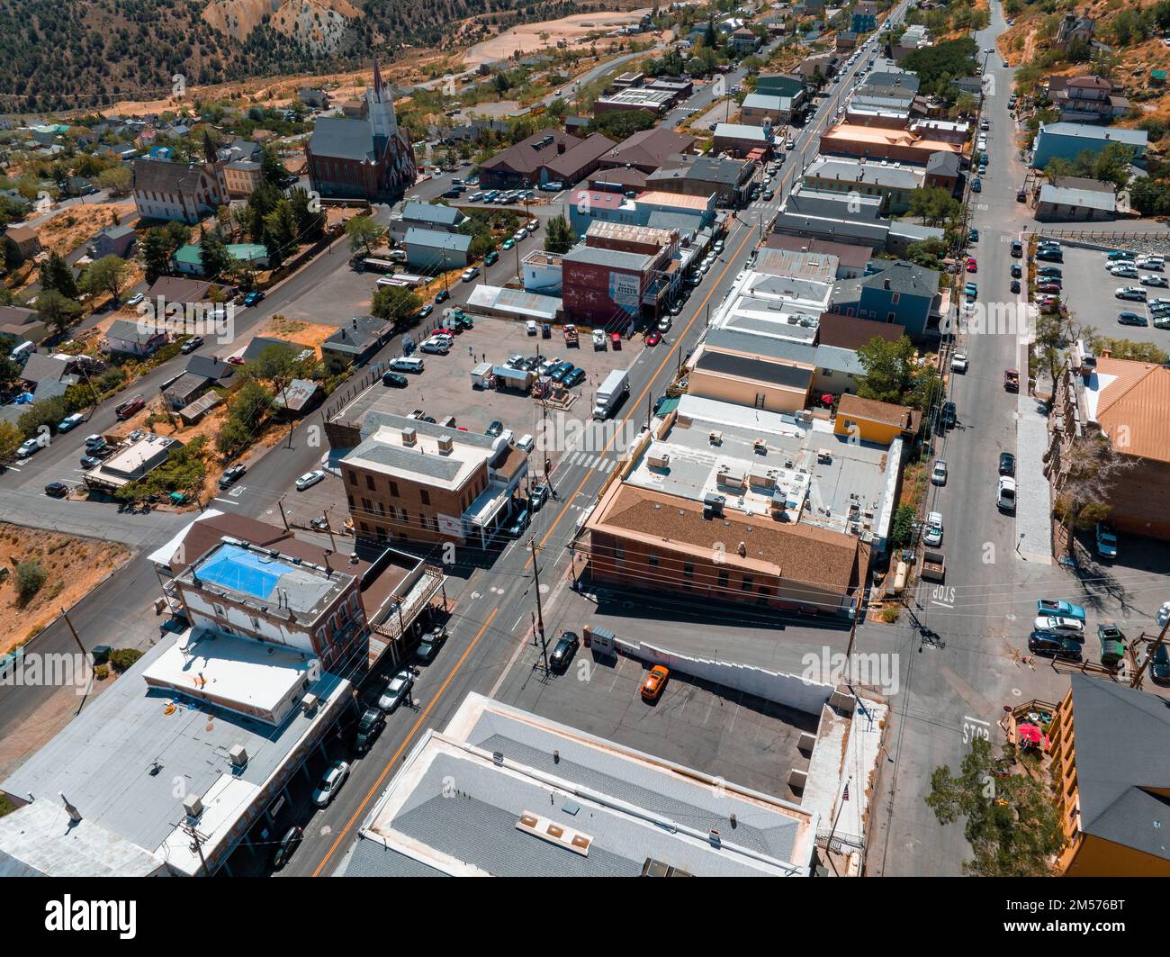 Aerial scenic view of Victorian building on historic Main C street in ...