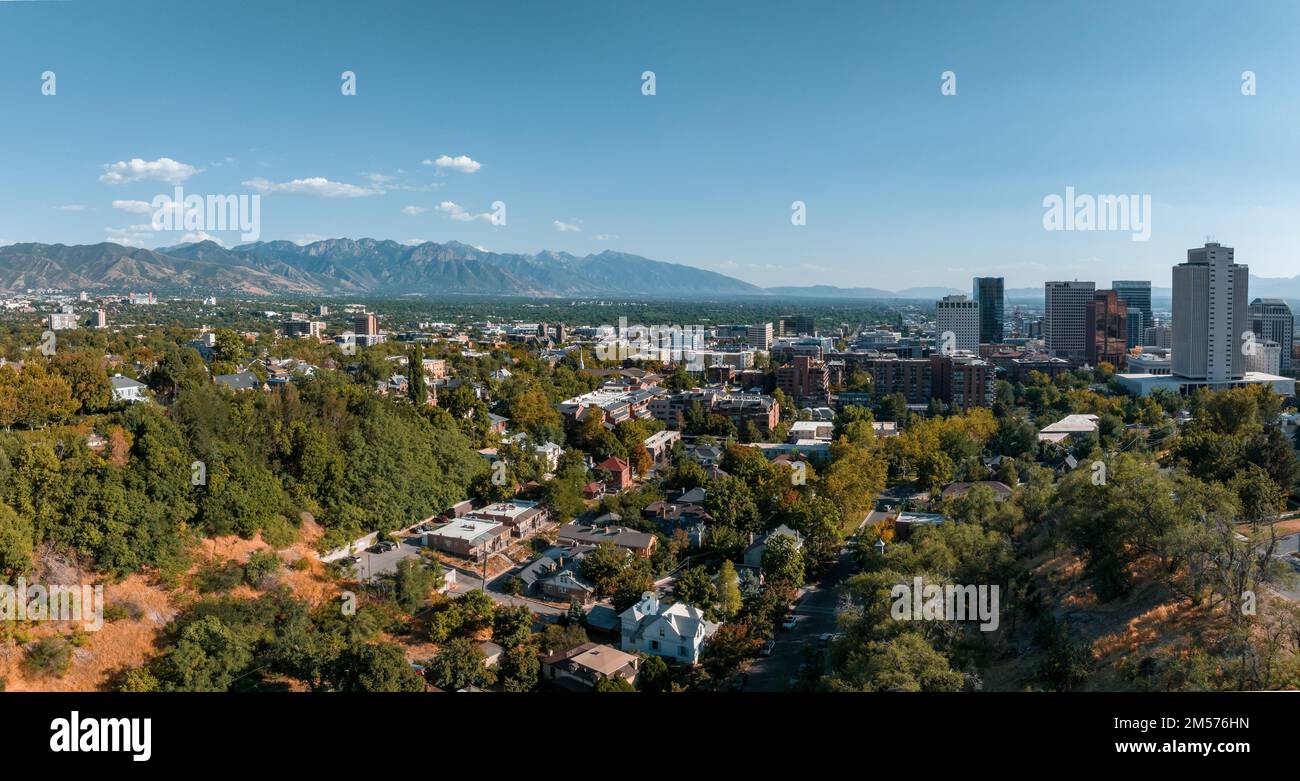Aerial panoramic view of the Salt Lake City skyline Utah Stock Photo ...