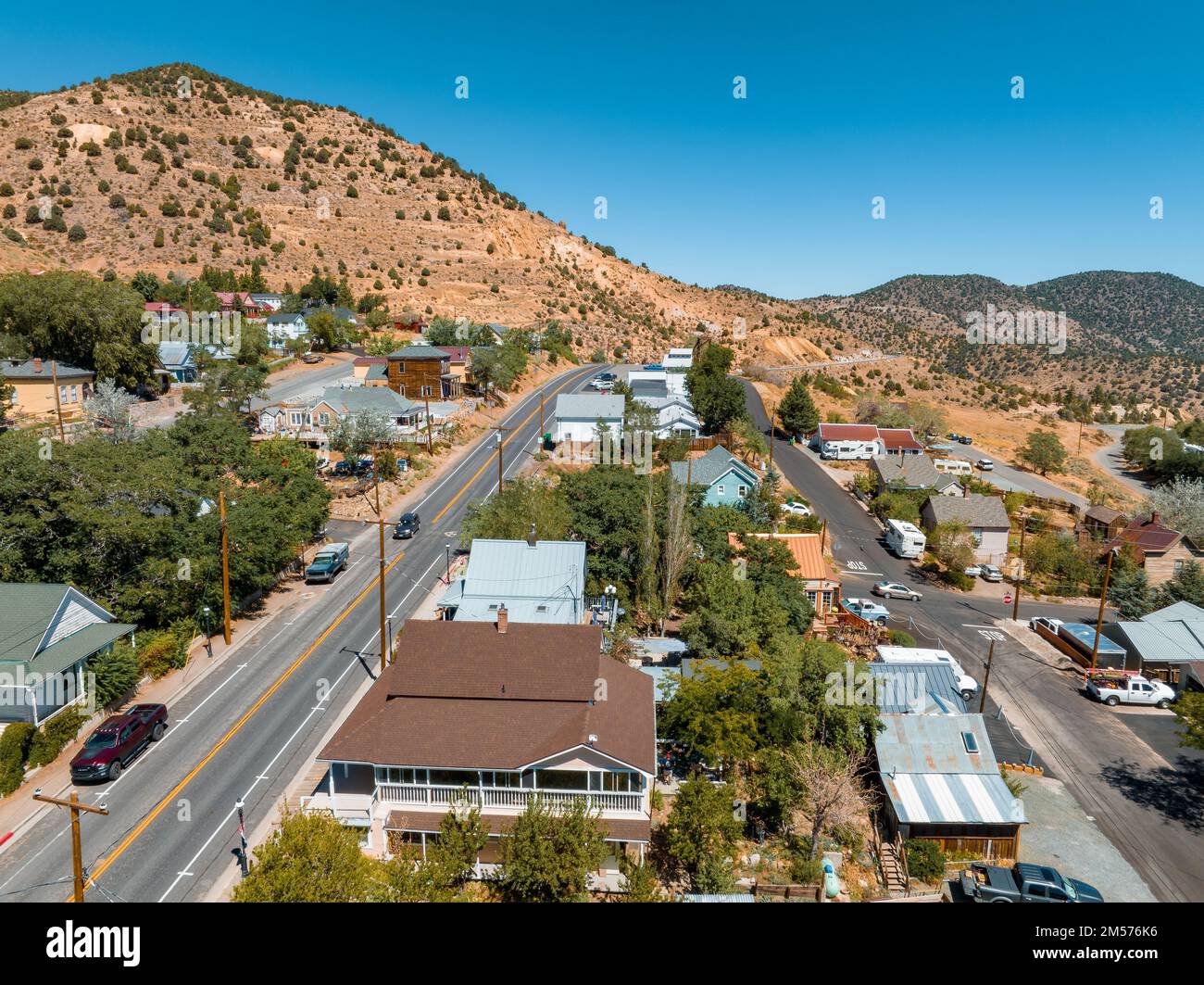 Aerial scenic view of Victorian building on historic Main C street in ...