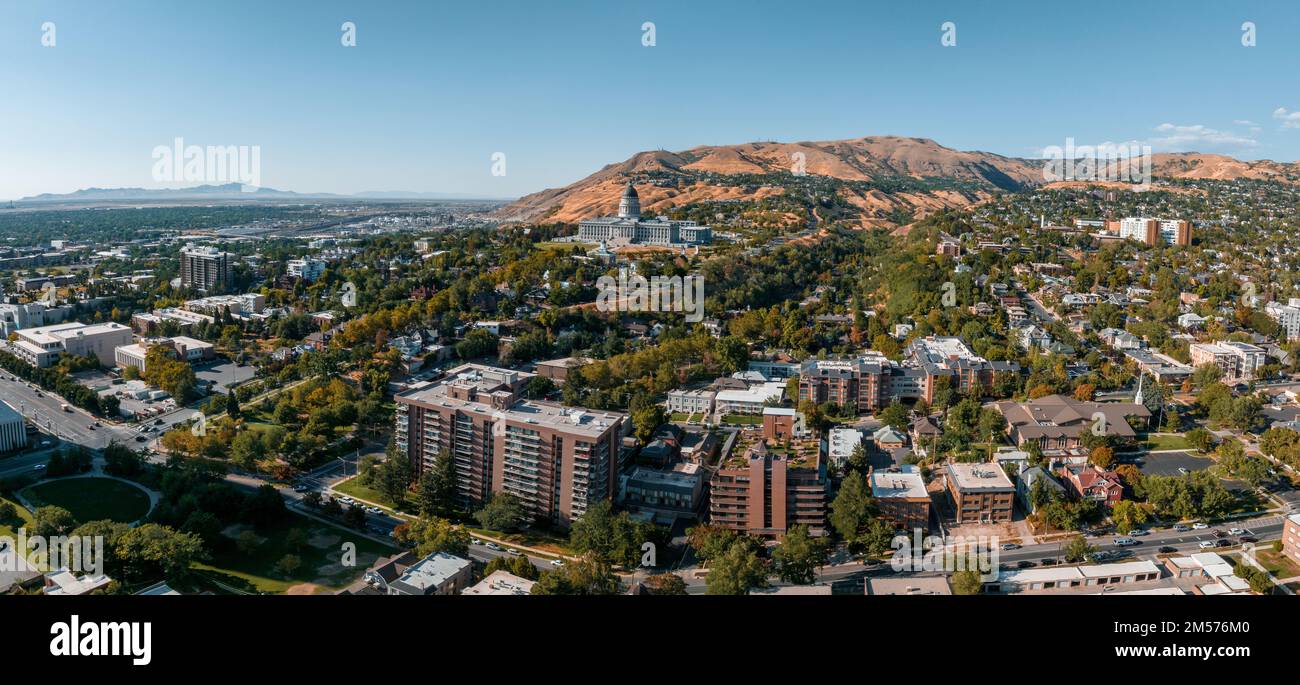 Aerial panoramic view of the Salt Lake City skyline Utah Stock Photo ...