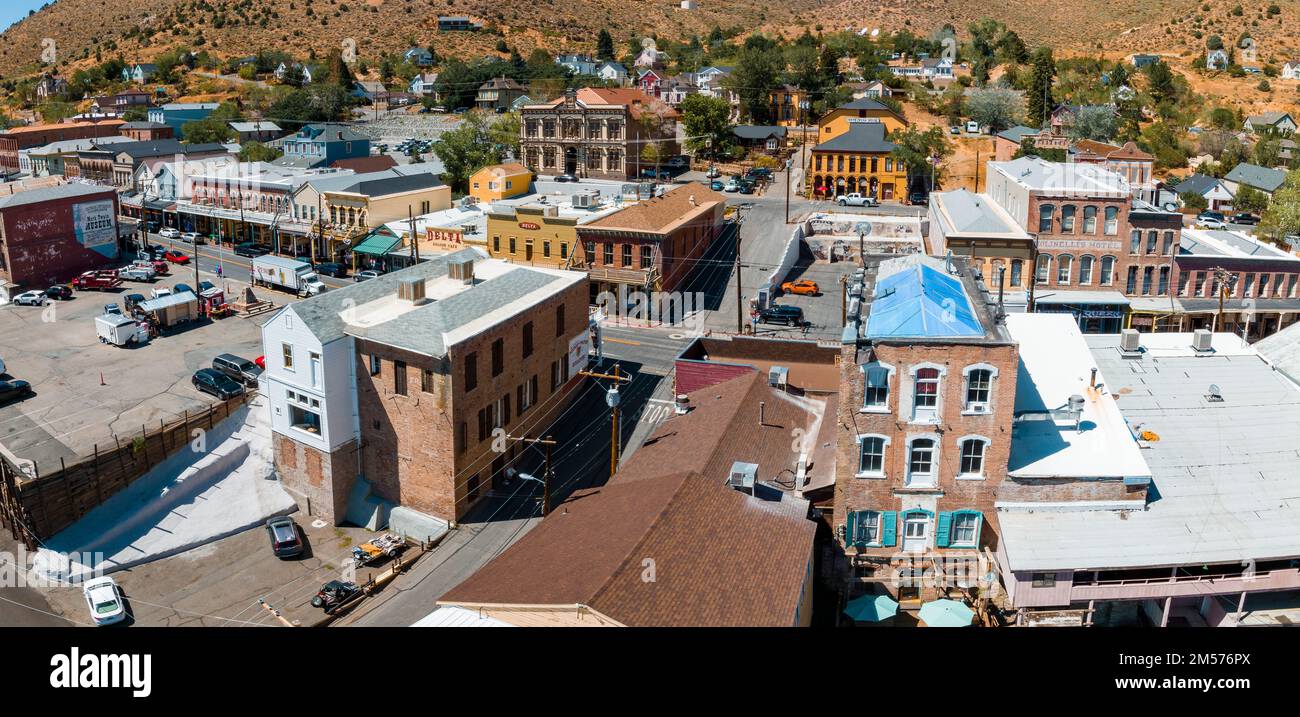 Aerial scenic view of Victorian building on historic Main C street in ...