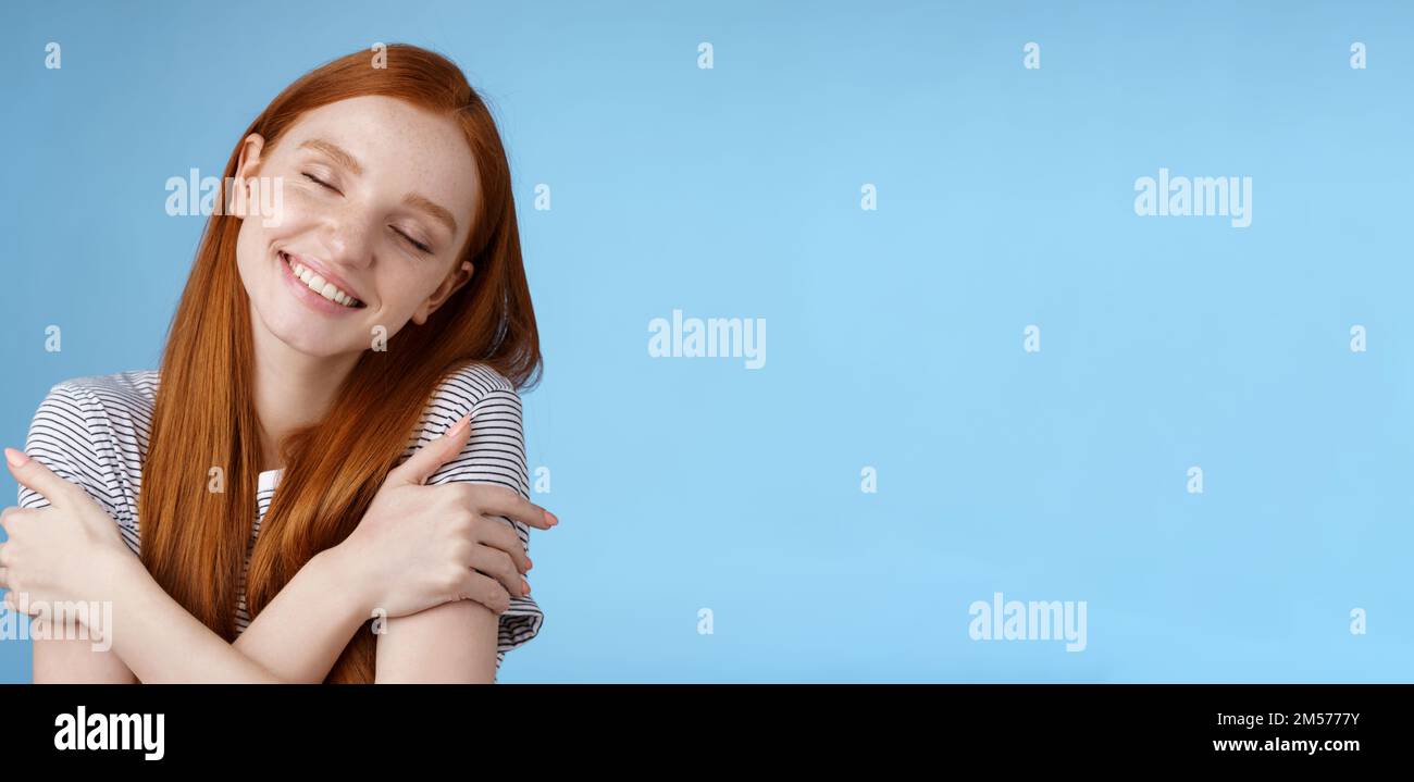 Tender romantic cute young gentle redhead girlfriend close eyes dreamy ...