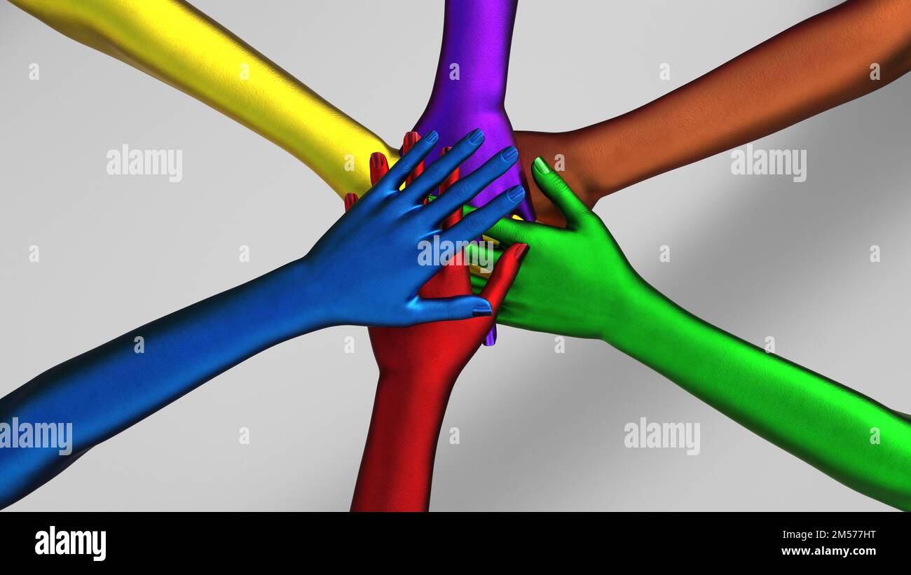 Multi-colored female hands on top of each other as a team. 3d ...