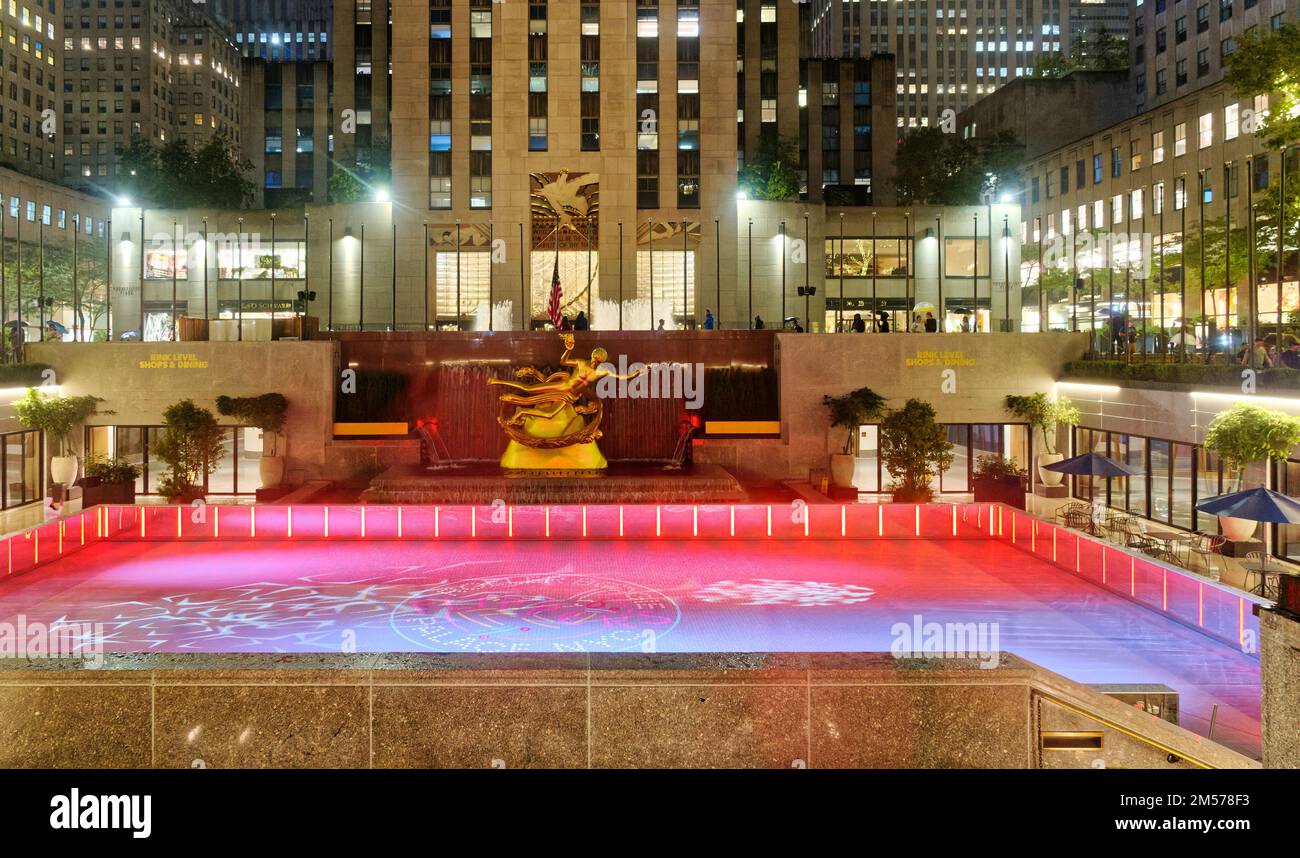 Colored Lights on Rockefeller Center Ice Rink and Prometheus Stock ...