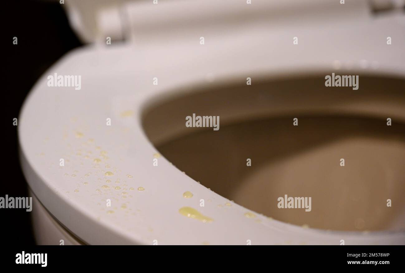 urine on white toilet seat left down showing a mess Stock Photo - Alamy