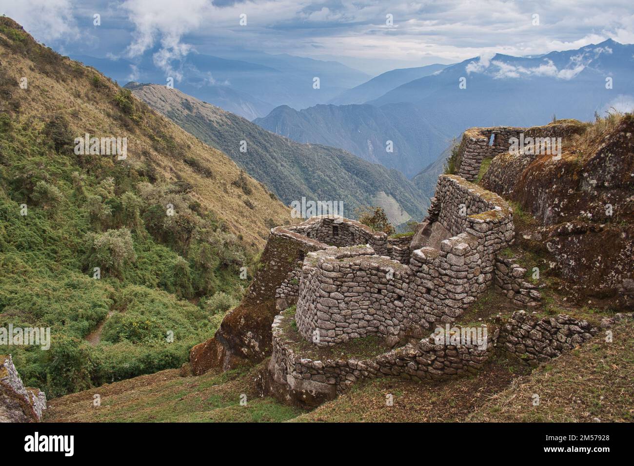 An aerial view of ruins on the mountain peaks in Inca Trail, Peru ...