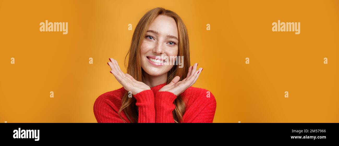 Close-up shot of sensual tender and gentle ginger girl with romance and ...