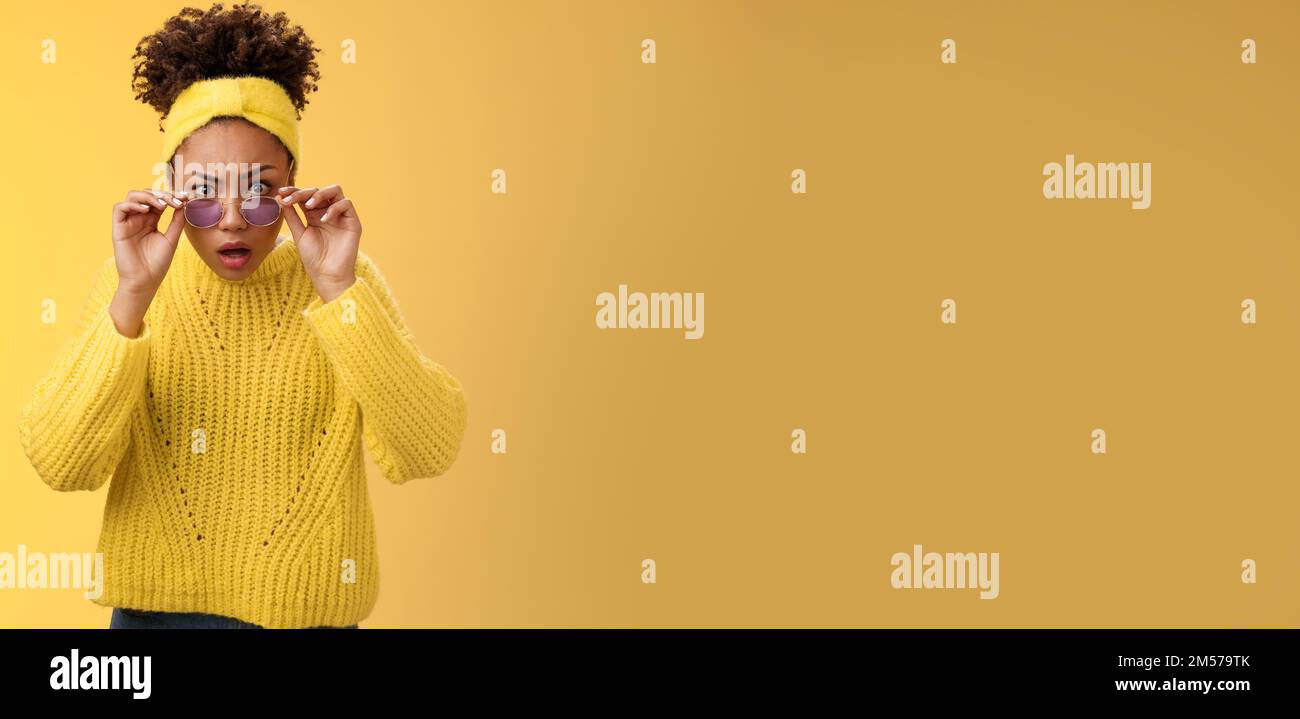 Shocked speechless impressed african-american stylish female coworker ...