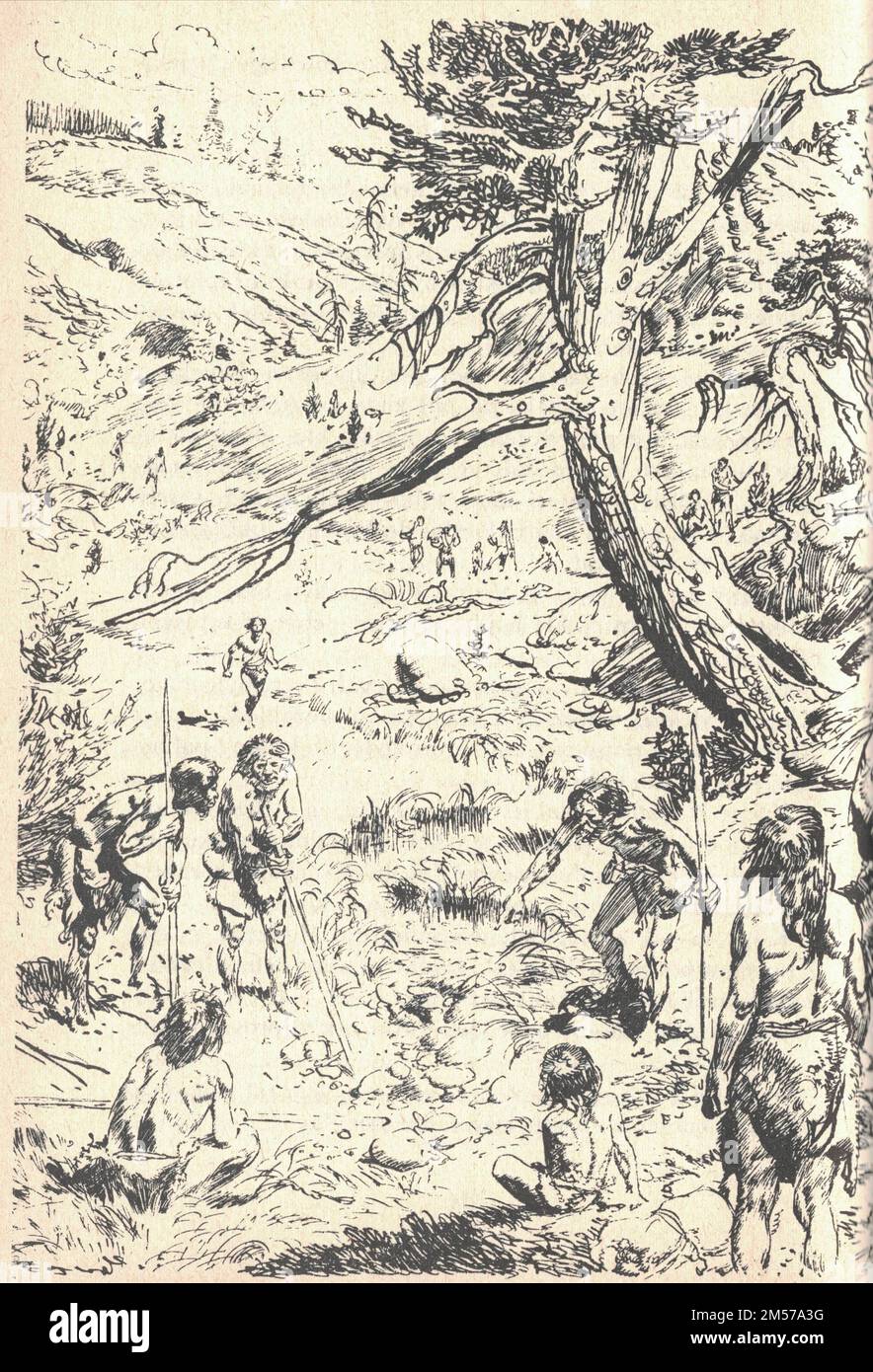 A band of prehistoric men. Old black and white illustration. Vintage ...