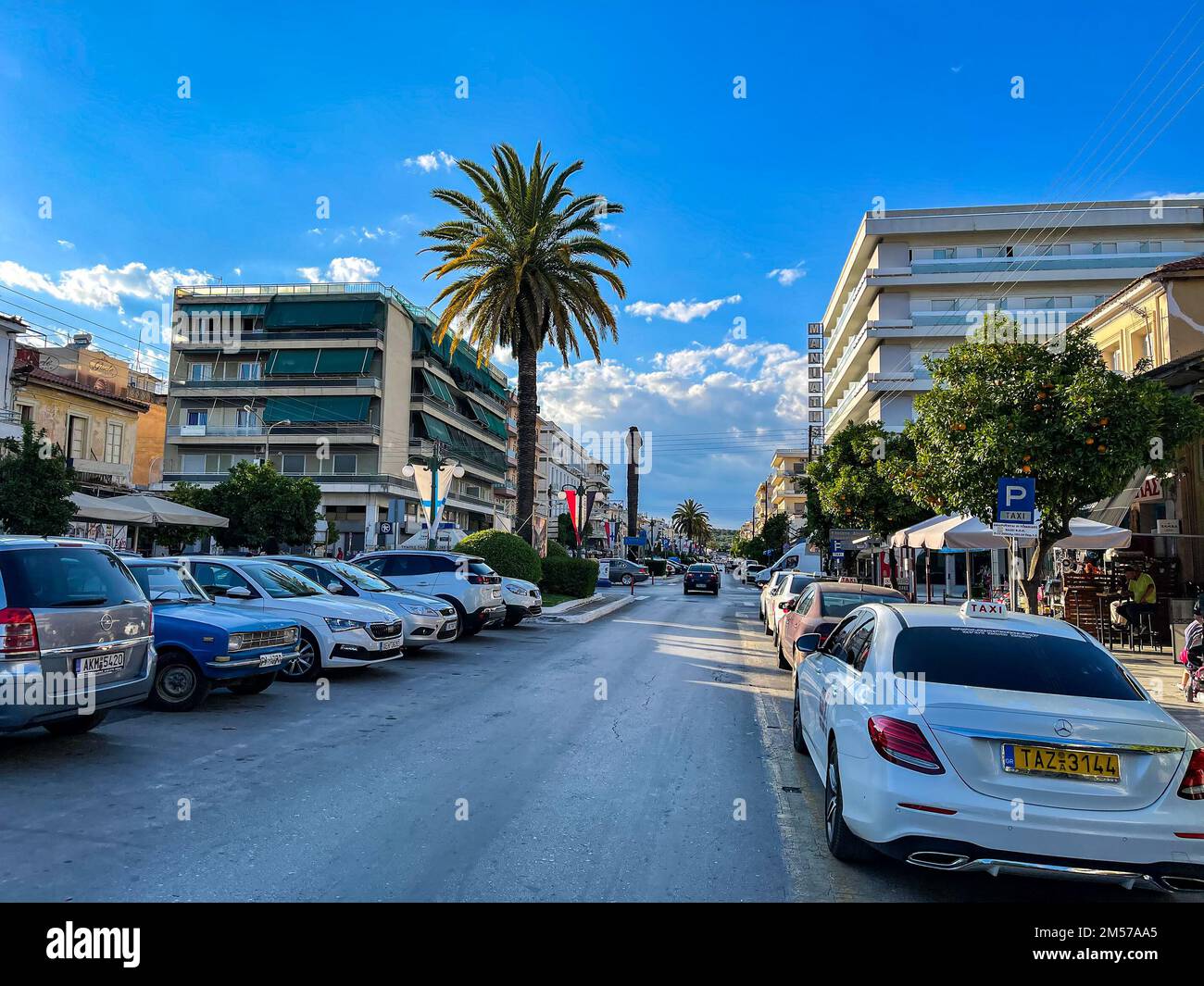 Urban view of the modern city of Sparti Greece. Sparti was founded to ...