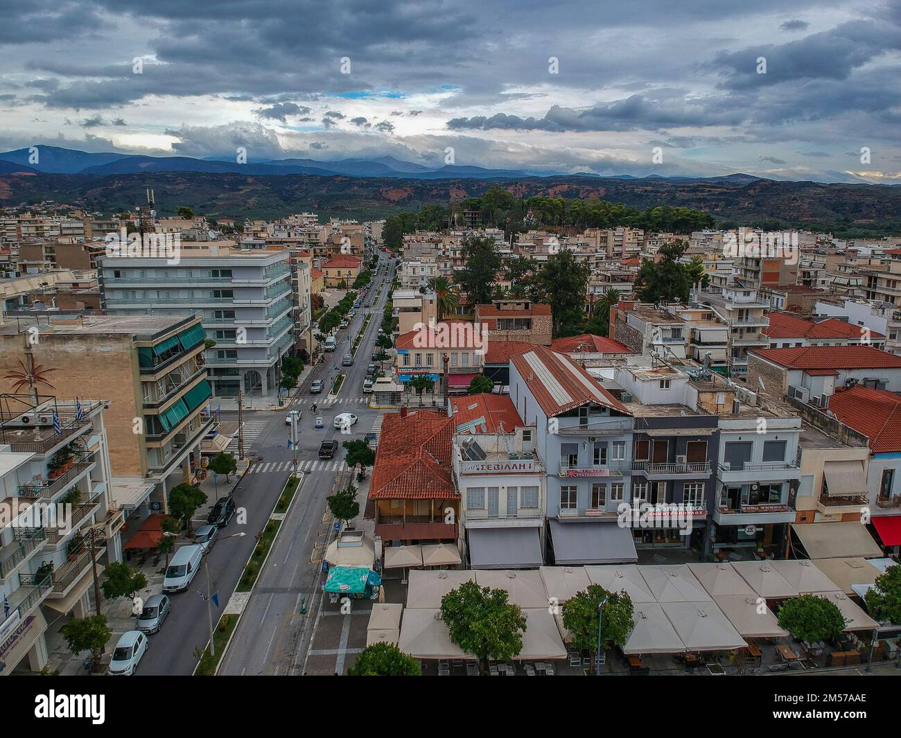 Aerial view of the modern city of Sparti Greece. Sparti was founded to ...