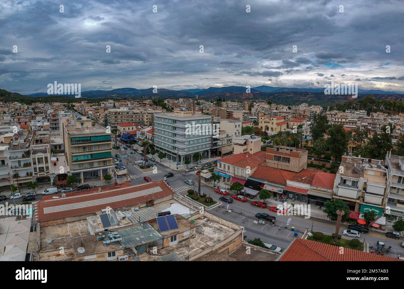 Aerial view of the modern city of Sparti Greece. Sparti was founded to ...