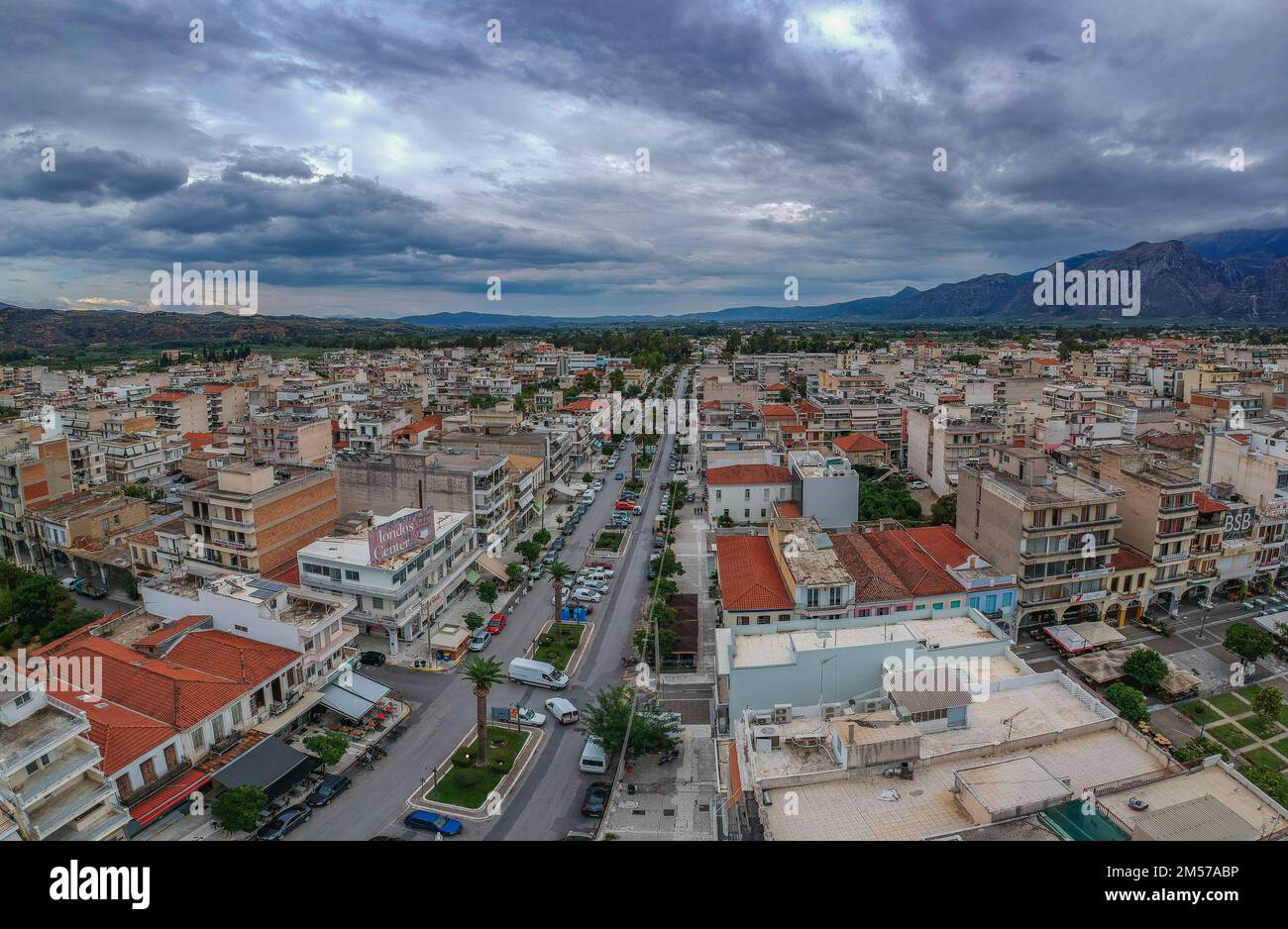 Aerial view of the modern city of Sparti Greece. Sparti was founded to ...