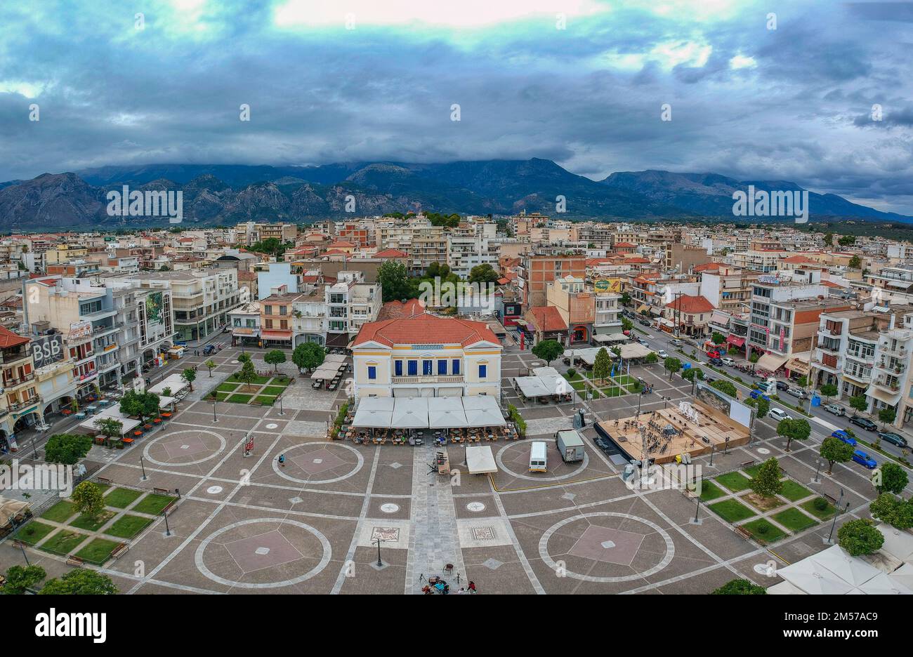 Aerial view of the modern city of Sparti Greece. Sparti was founded to ...