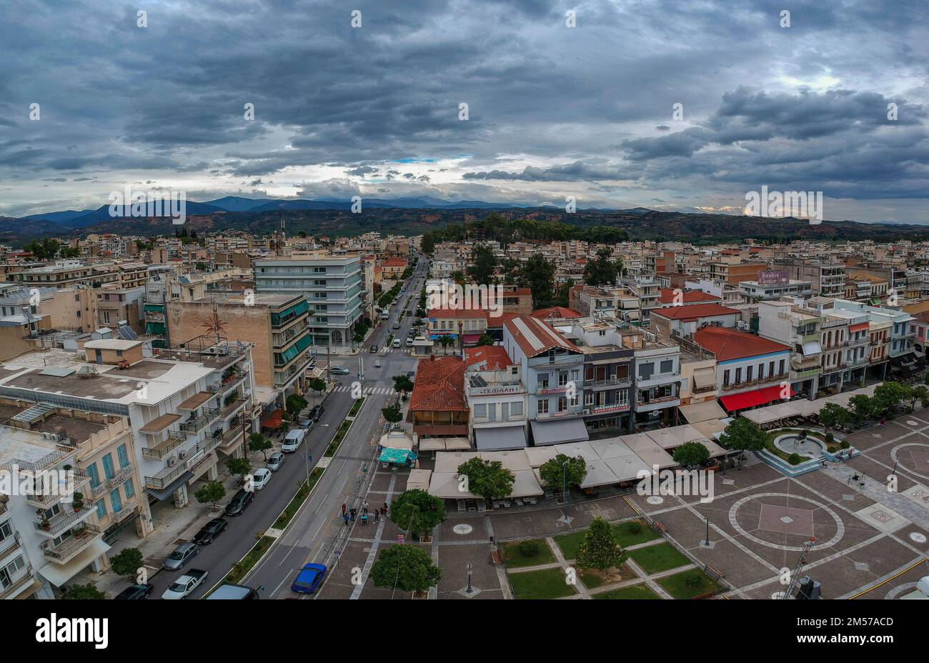 Aerial view of the modern city of Sparti Greece. Sparti was founded to ...