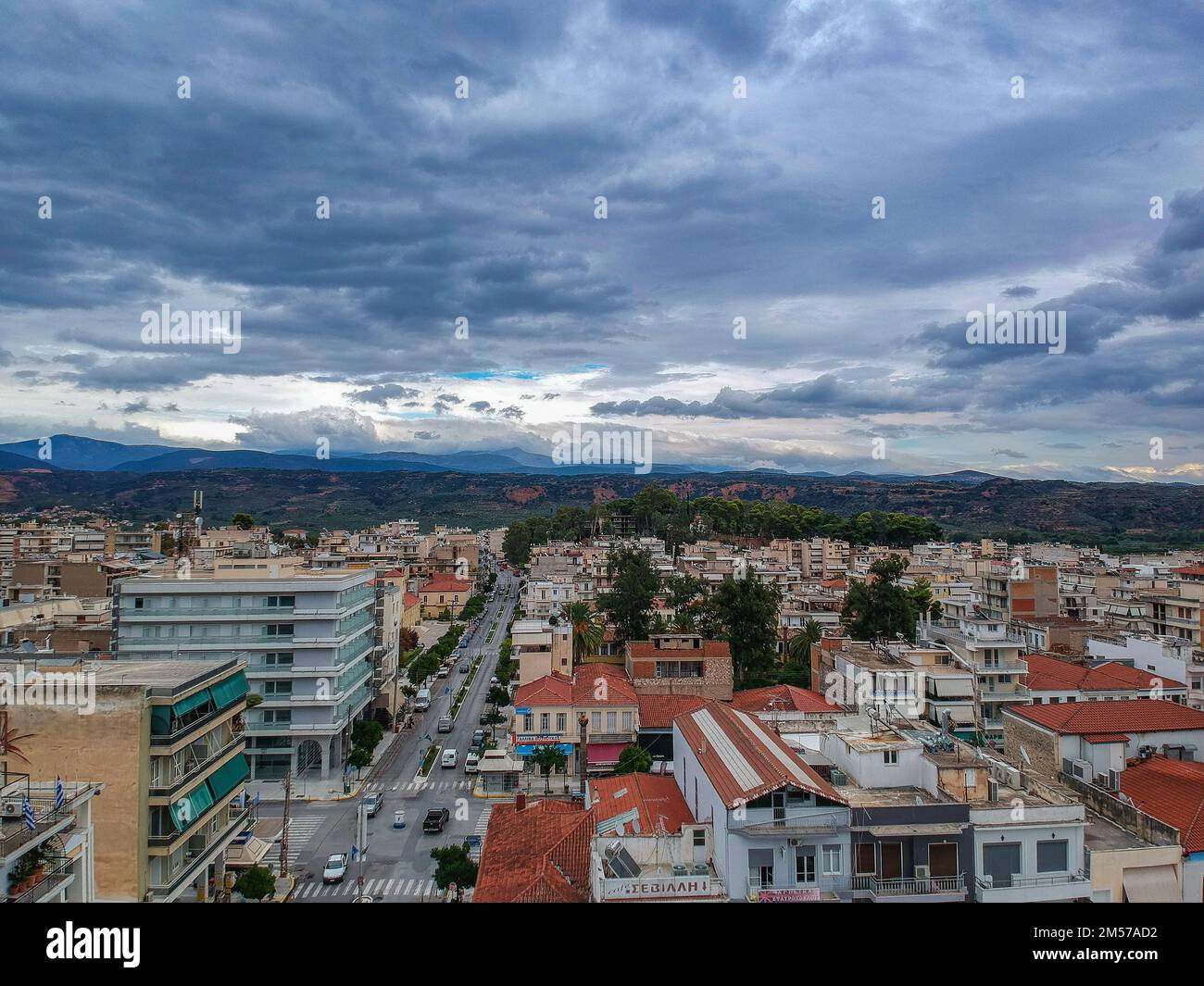 Aerial view of the modern city of Sparti Greece. Sparti was founded to ...