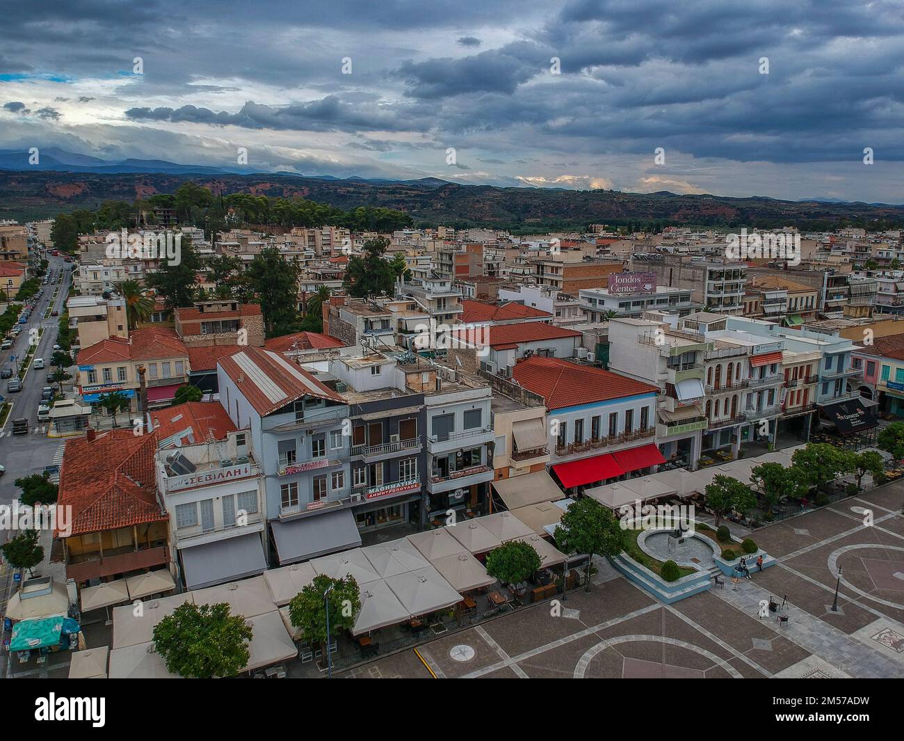 Aerial view of the modern city of Sparti Greece. Sparti was founded to ...