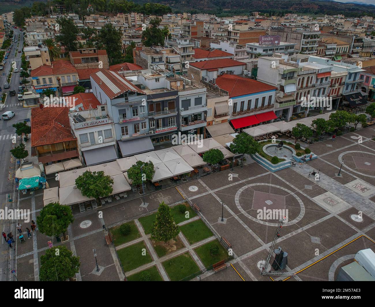 Aerial view of the modern city of Sparti Greece. Sparti was founded to ...