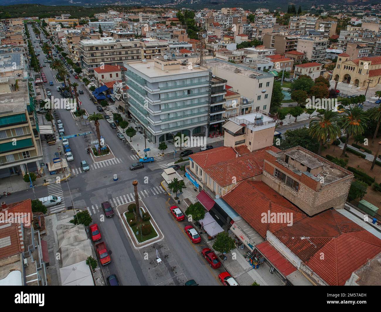 Aerial view of the modern city of Sparti Greece. Sparti was founded to ...