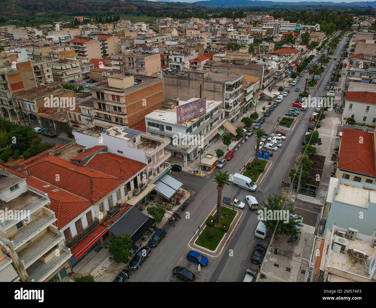 Aerial view of the modern city of Sparti Greece. Sparti was founded to ...