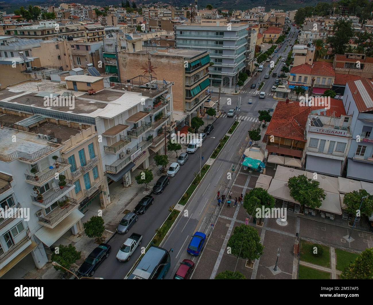 Aerial view of the modern city of Sparti Greece. Sparti was founded to ...